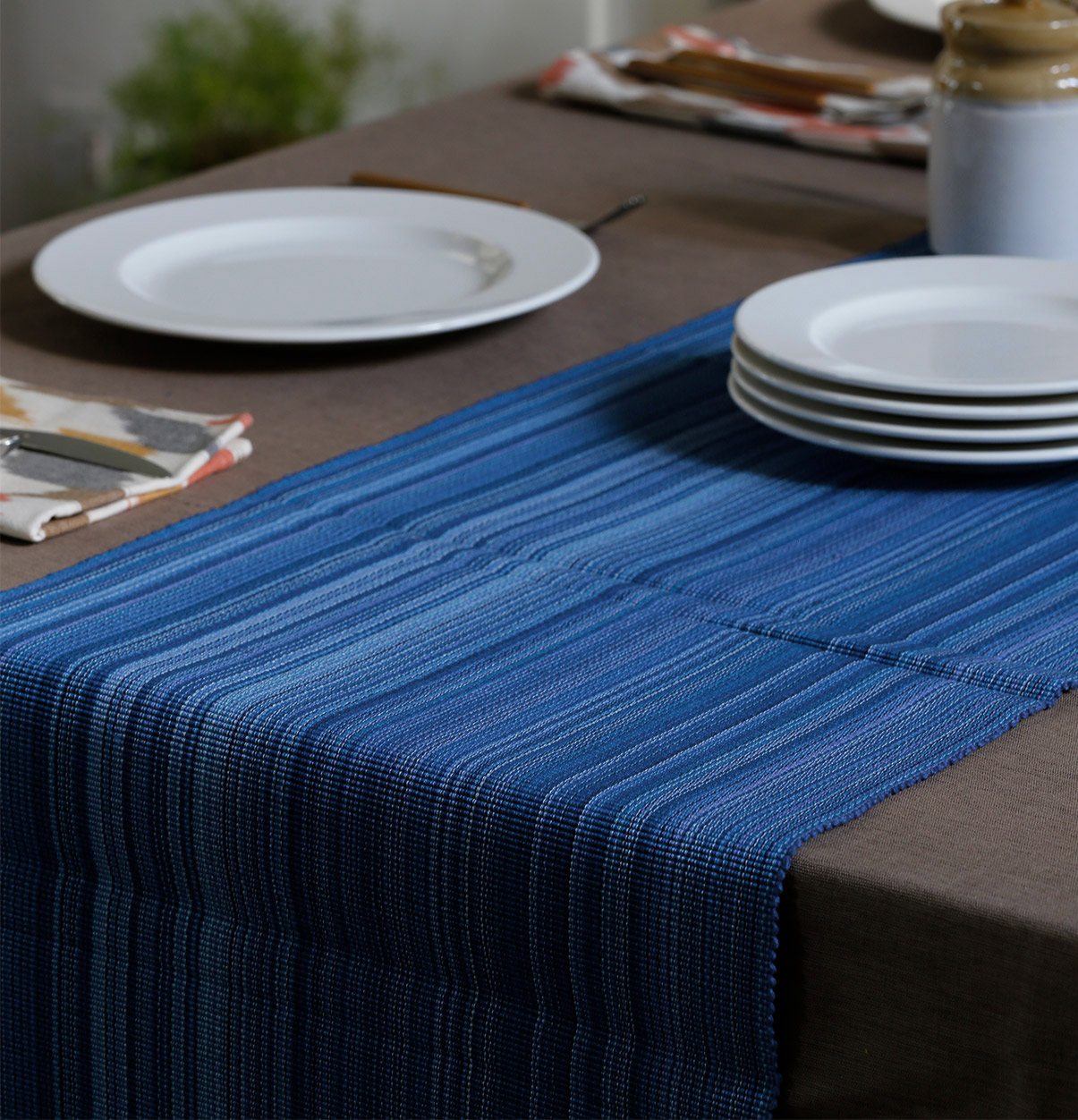 Handwoven Stripes Cotton Table Runner Blue 14"x 60" – Thoppia