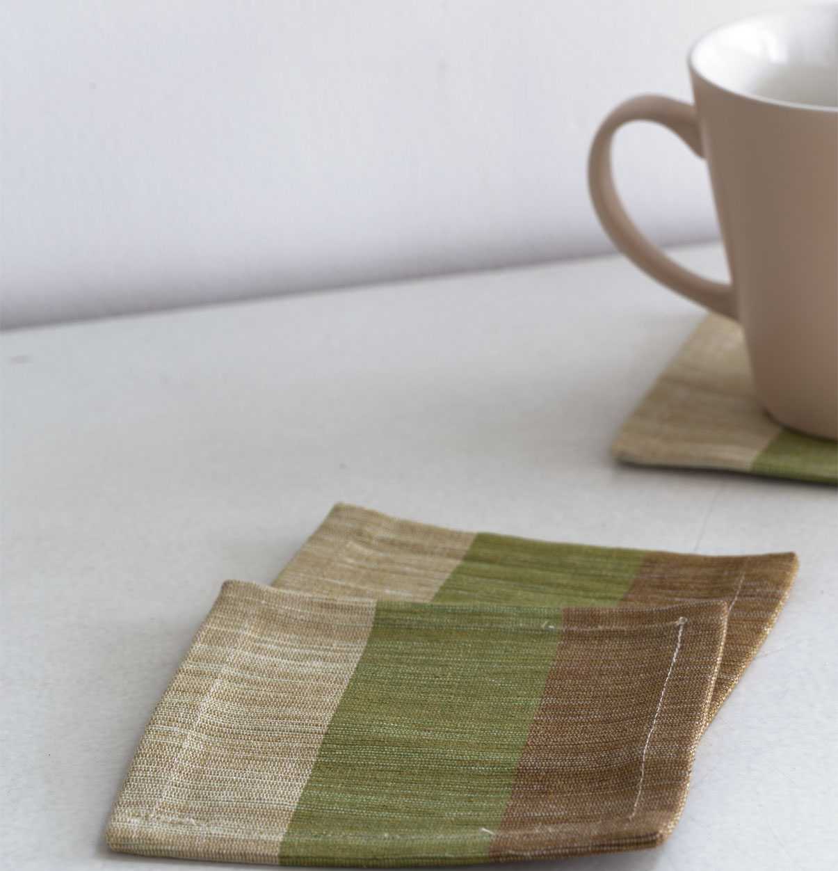 Buy Handwoven Stripe Cotton Coasters Beige/Green – Set of 6 – Thoppia